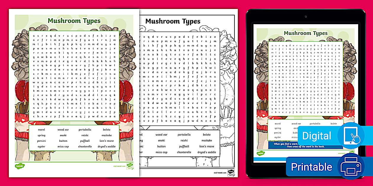 Mushroom Types Word Search for 6th-8th Grade (Teacher-Made)