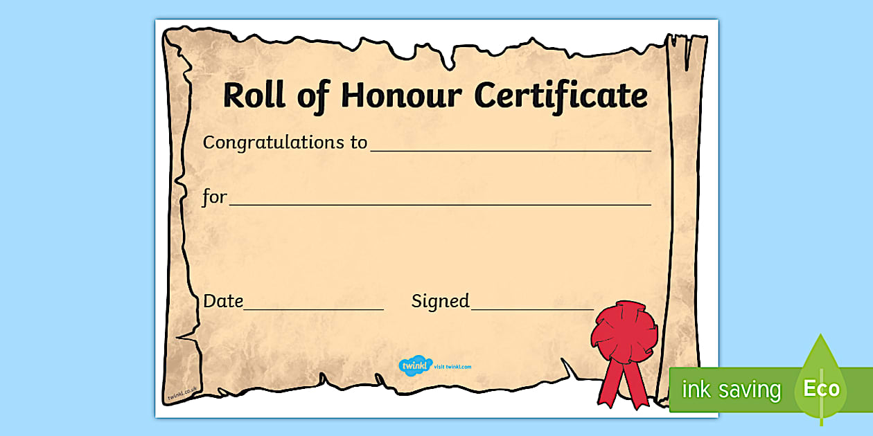 Role of Honor Editable Certificate (Teacher-Made) - Twinkl