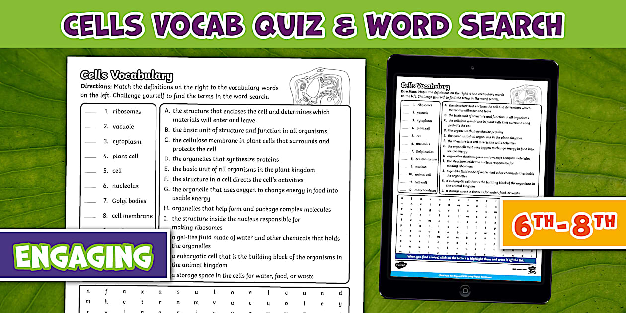 Cells Vocabulary Matching Quiz and Word Search 6th-8th Grade