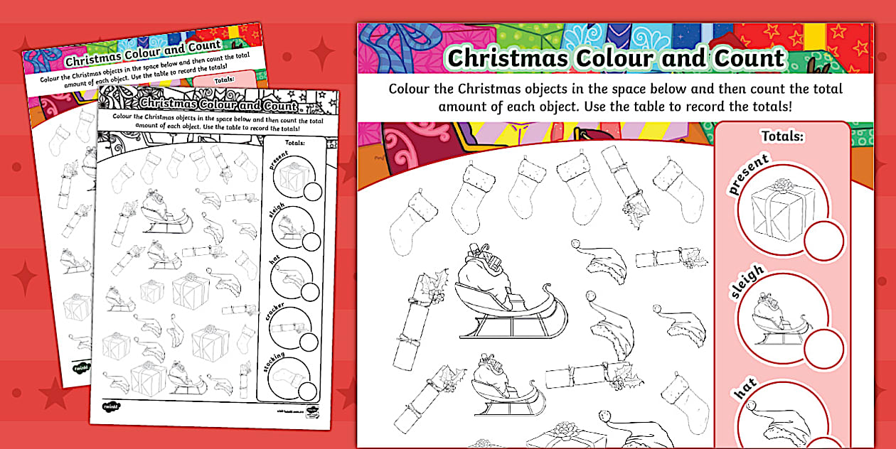 Christmas Colour and Count Worksheet - Twinkl