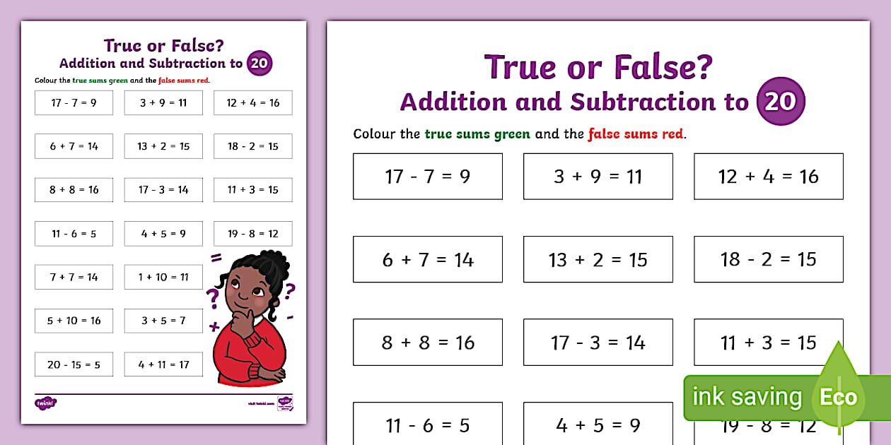 True or False Addition and Subtraction to 20 Activity Sheet