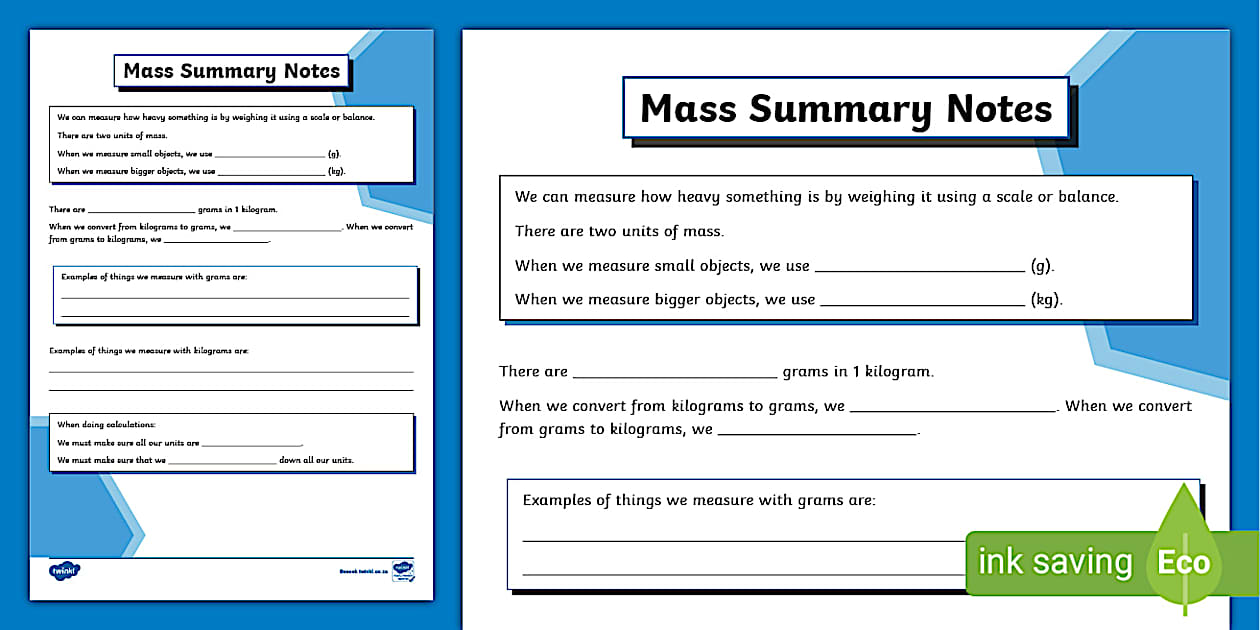 Mass Summary Notes Activity Sheet (teacher made) - Twinkl