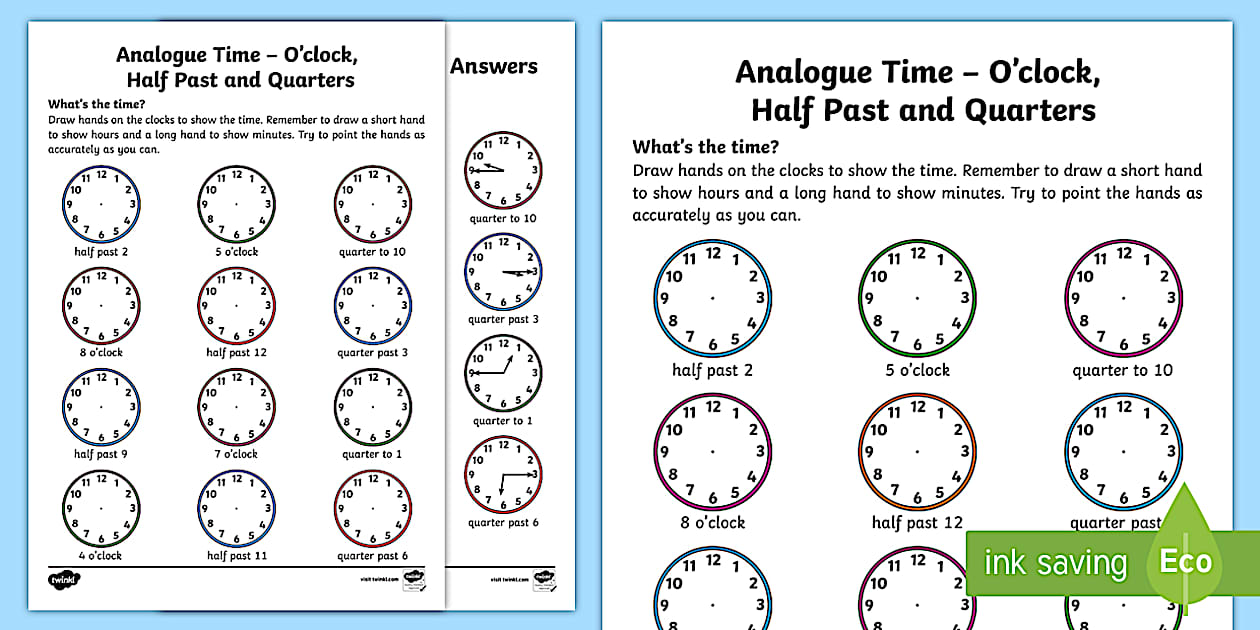 Black and White Analogue Time O’Clock, Half Past and Quarters Worksheet