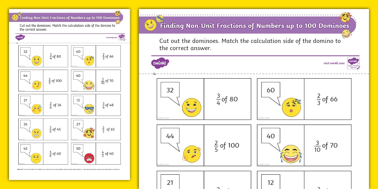 👉 Finding Non-Unit Fractions of Numbers up to 100 Emoticon Dominoes