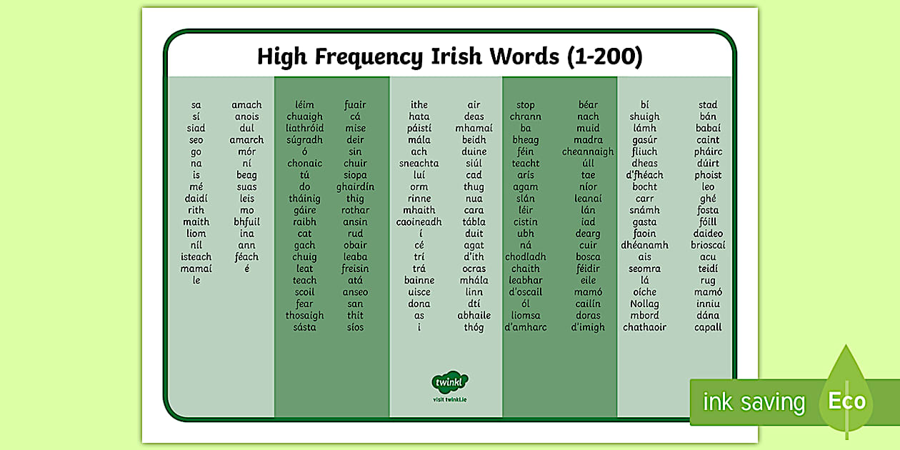 Gaeilge Dolch List (1-200) | Basic Irish Words | - Twinkl