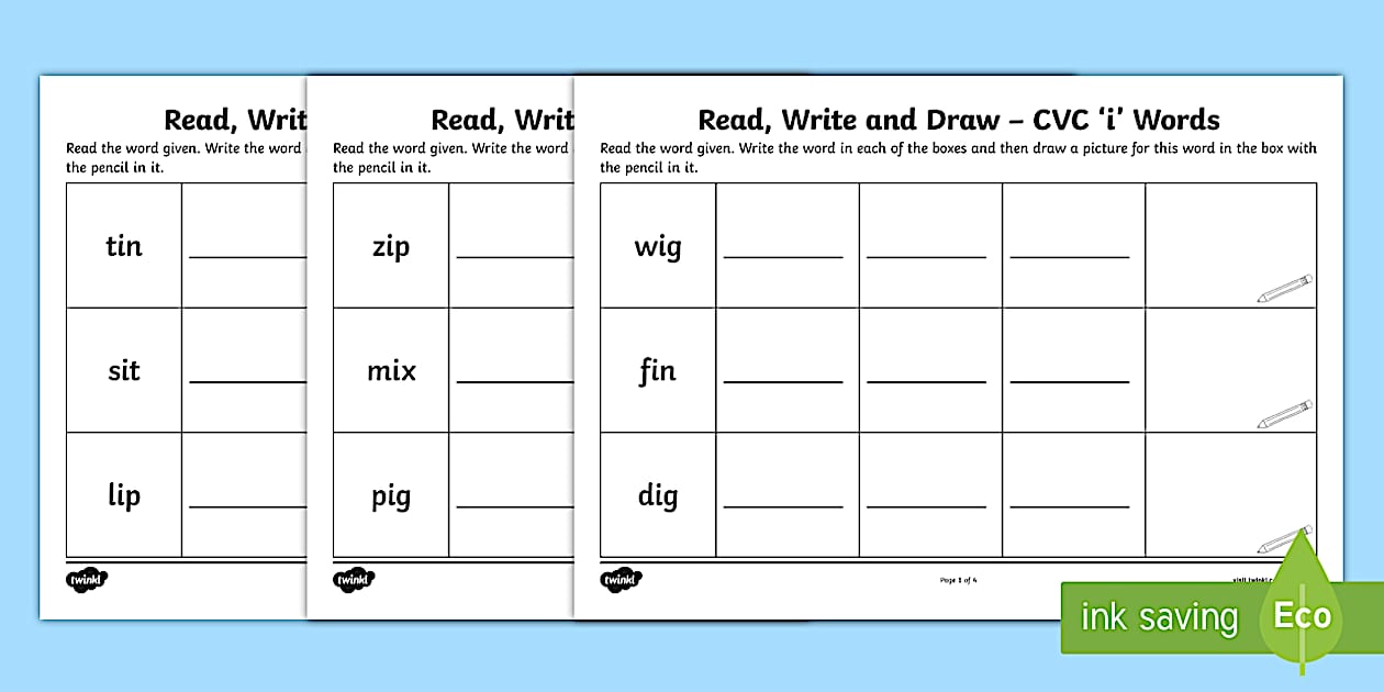 Editable Read, Write and Draw CVC 'i' Words Worksheet