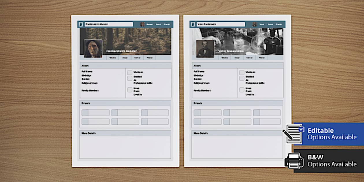 Editable Frankenstein Profile Page Worksheet Pack - Twinkl