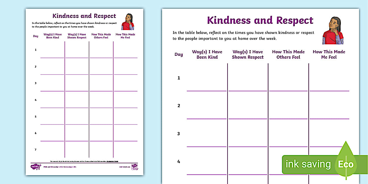 Kindness and Respect Daily Log - Wellbeing Activity - Twinkl