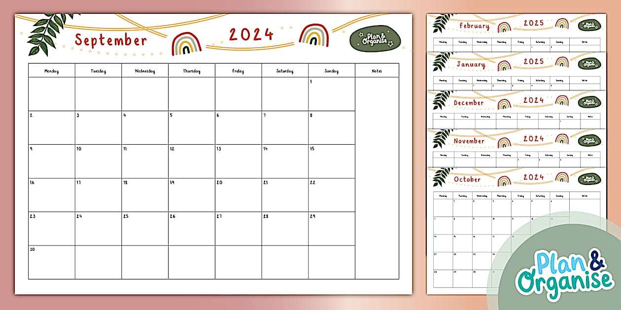 Muted Rainbow | 2024-2025 Month at a Glance Calendar