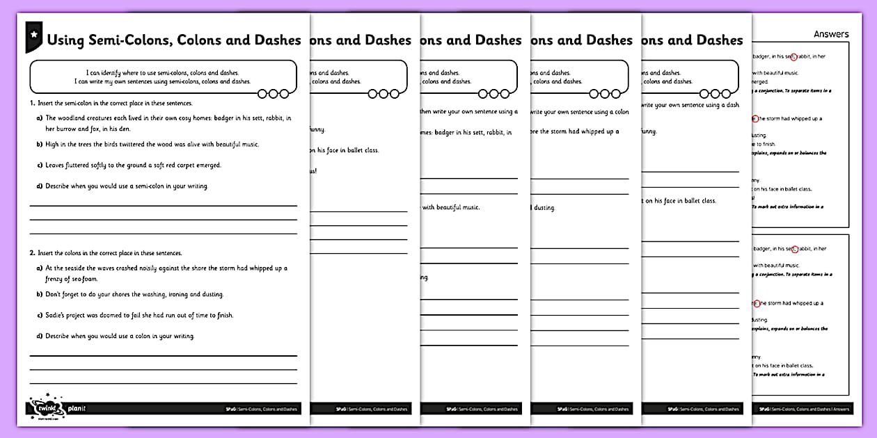Editable Using Semi-Colons, Colons and Dashes Differentiated Worksheet