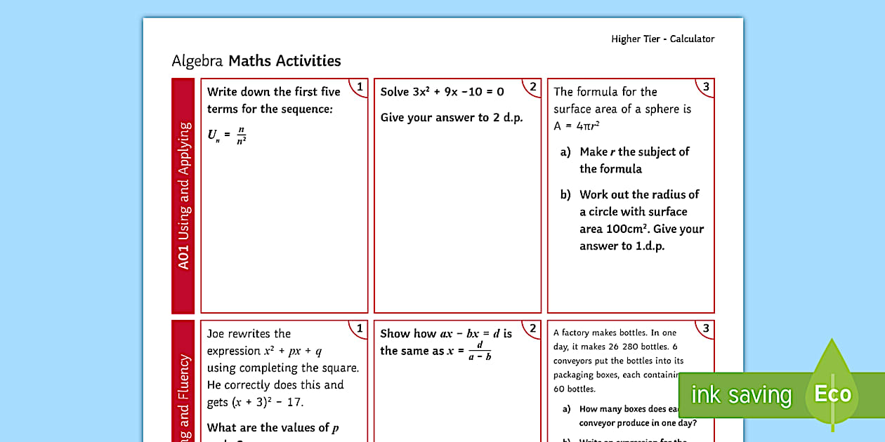 Higher: Algebra (Calculator) Activity Mat - Twinkl