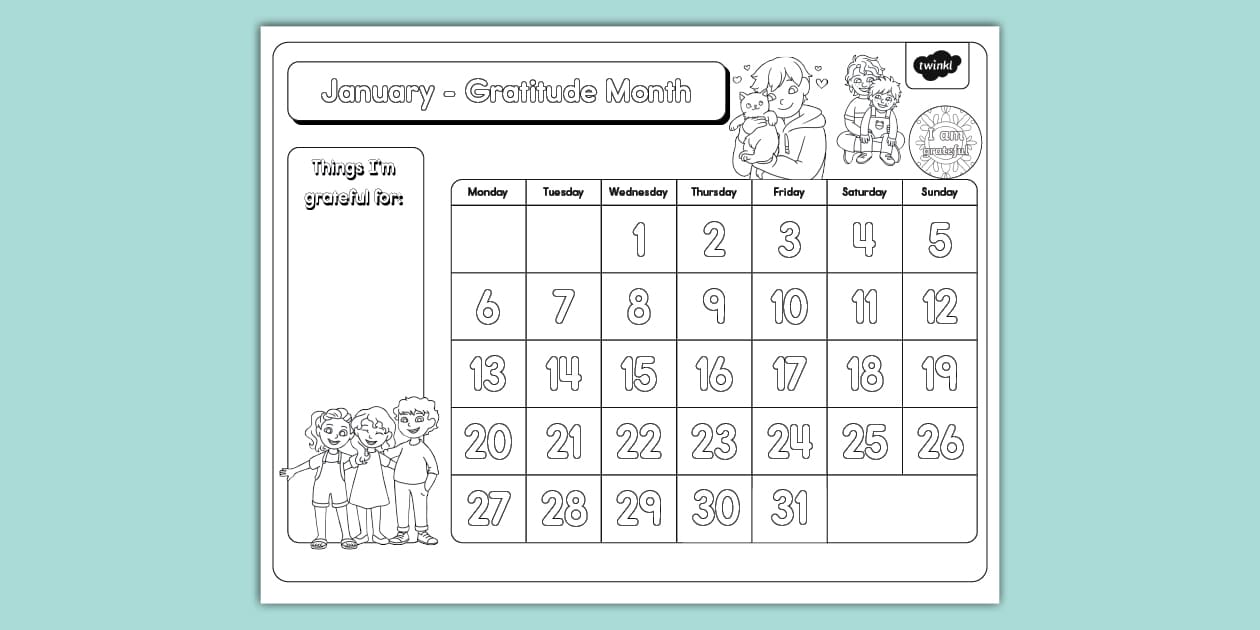 January Gratitude Colouring Calendar Activity (teacher made)
