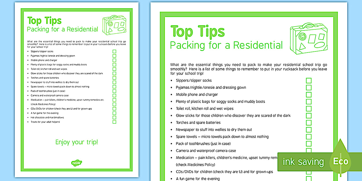 Top Tips Packing for a Residential - Twinkl