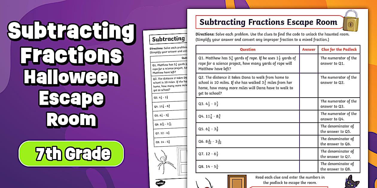 Subtracting Fractions Halloween Escape Room Worksheet
