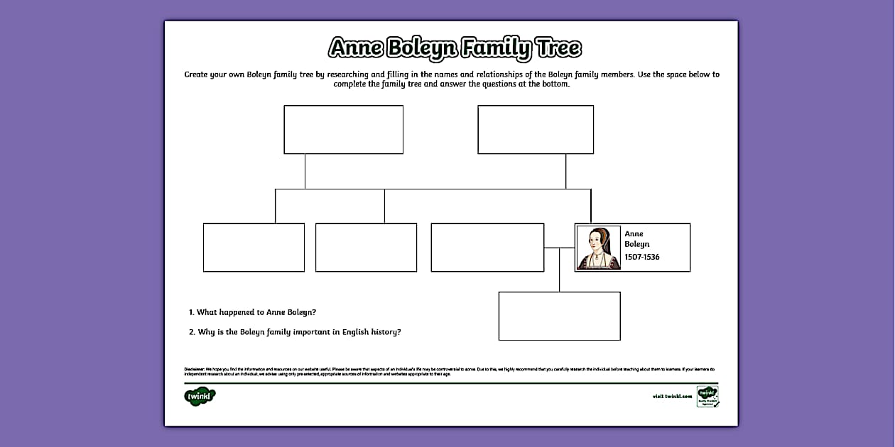Anne Boleyn Family Tree Worksheet (teacher made) - Twinkl