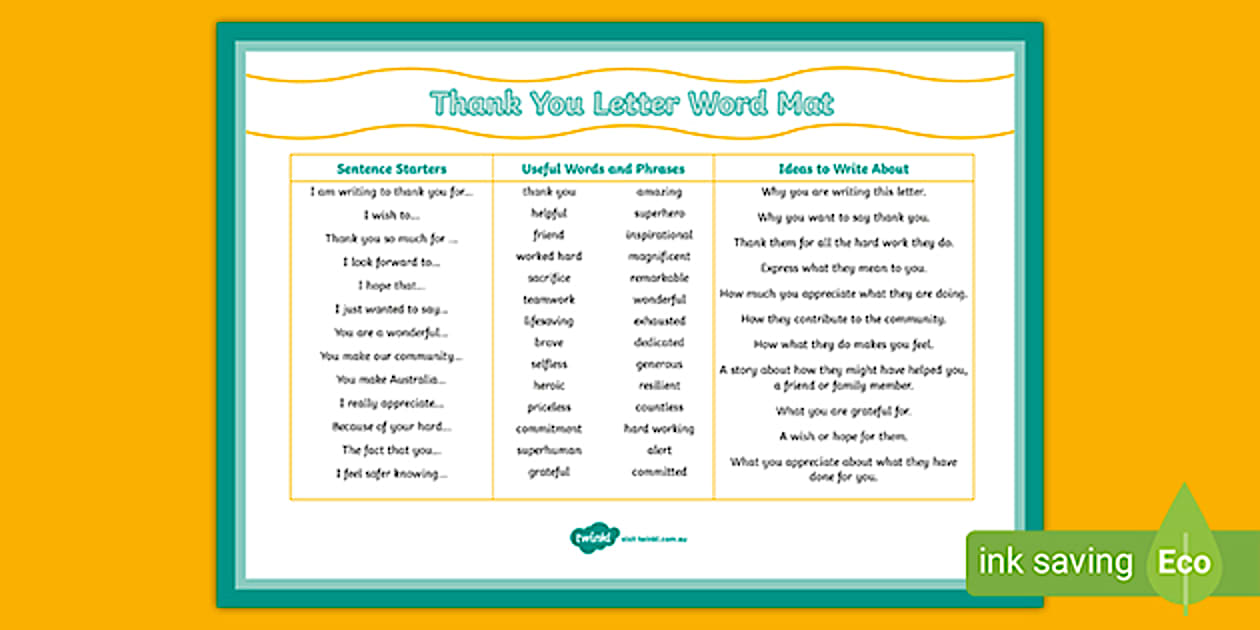 Essential Workers Thank You Letter Writing Word Mat - Twinkl