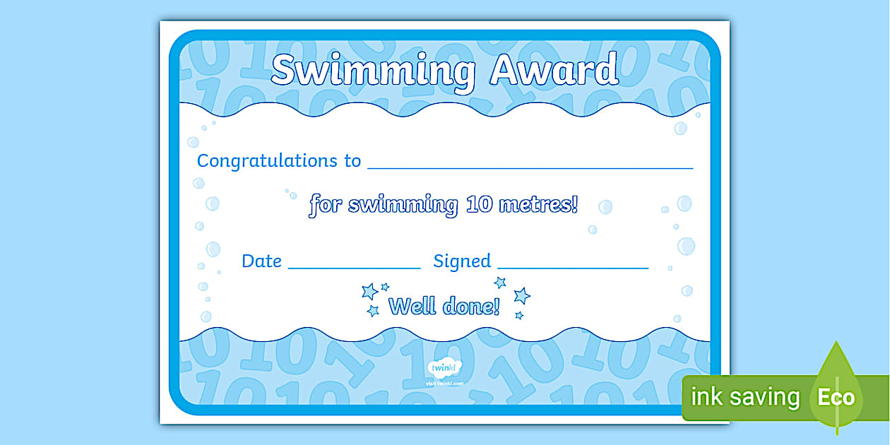 Editable 10m Swimming Certificate (teacher made) - Twinkl