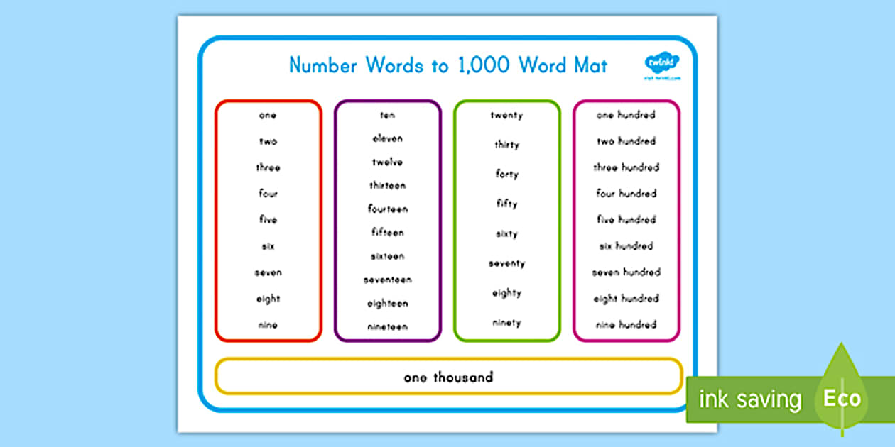 Number Words to 1,000 Word Mat (teacher made) - Twinkl