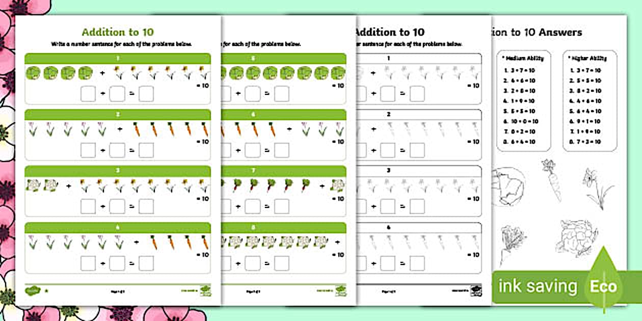 Garden Centre Addition to 10 Worksheets
