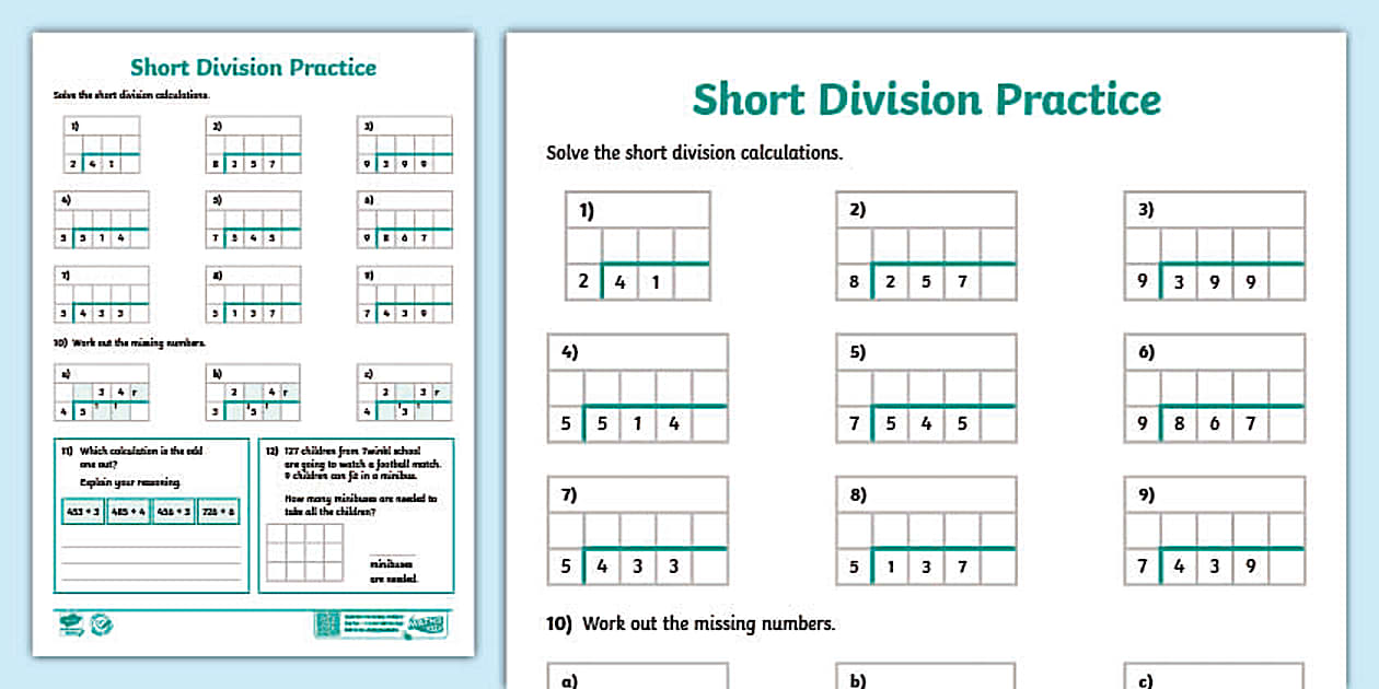 Short Division Practice Sheet PDF KS2 Year 3 Short Division