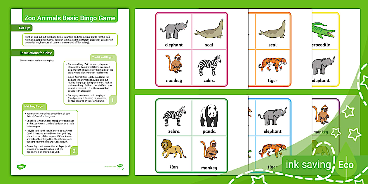 Zoo Animals Basic Bingo Game - Twinkl