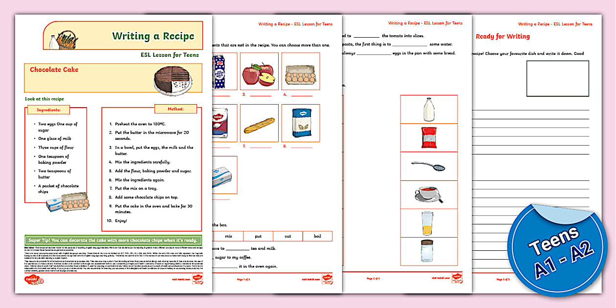 ESL Writing a Recipe: Food and Containers [Teens, A1]