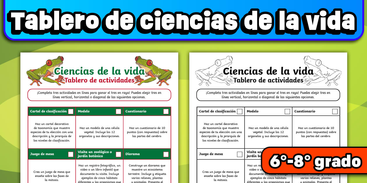 Tablero de actividades de ciencias de la vida 6°-8° grado