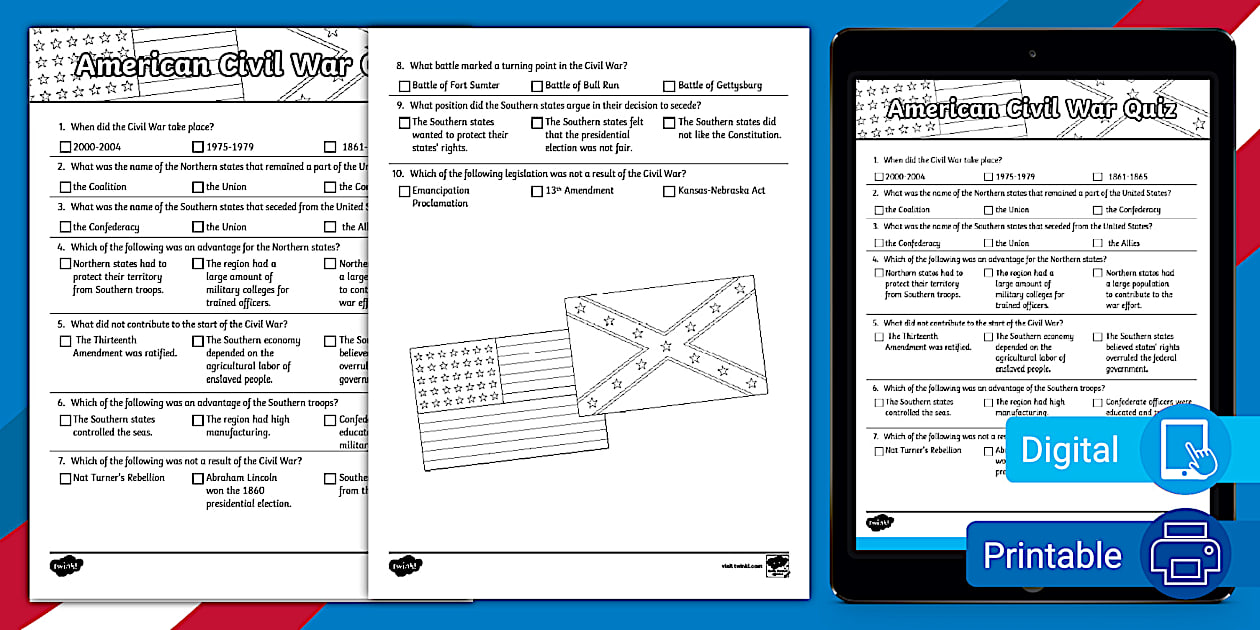American Civil War Quiz for 6th-8th Grade (teacher made)