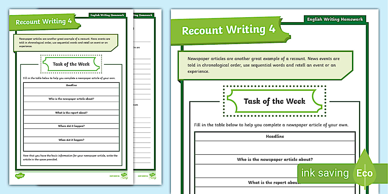 Writing Homework Recount 4 3rd/4th Class (teacher made)