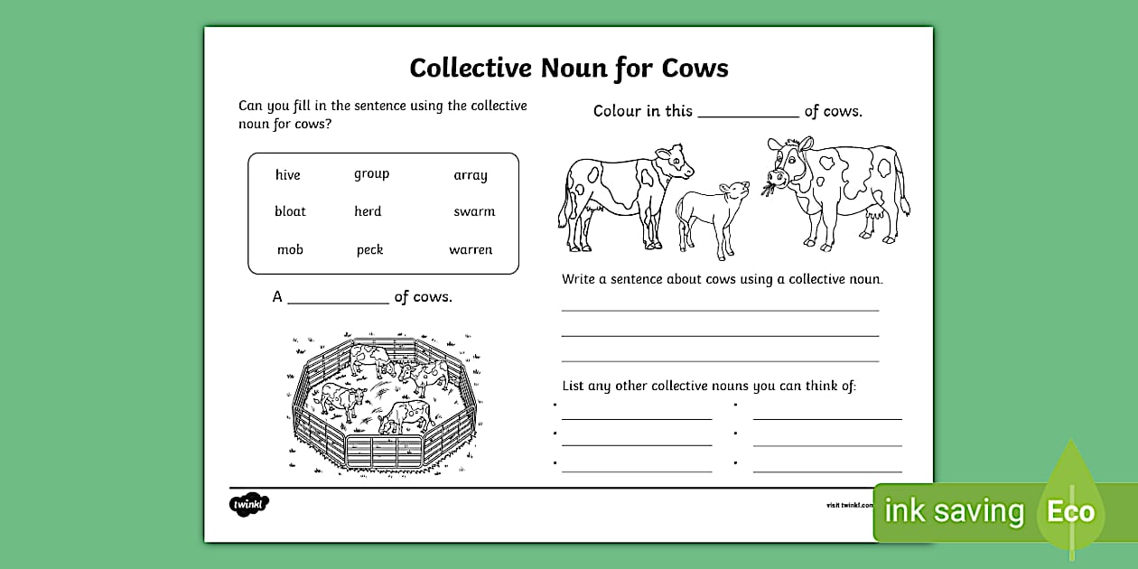 Collective Noun - Cows Worksheet (teacher made) - Twinkl