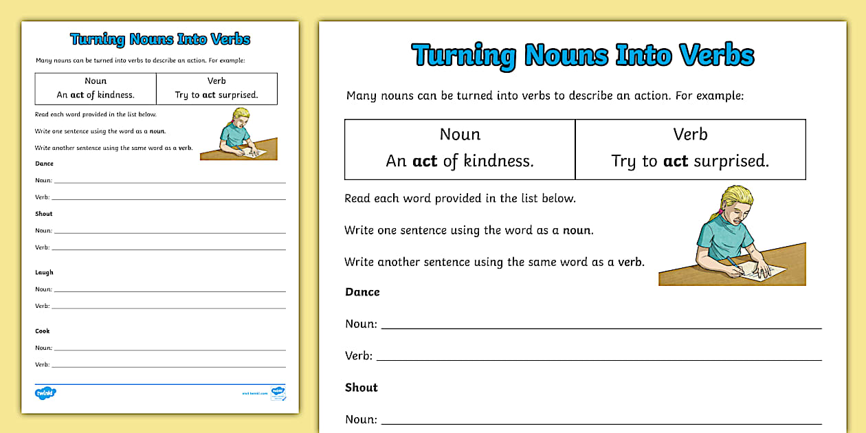 Turning Nouns Into Verbs Worksheet (teacher made) - Twinkl