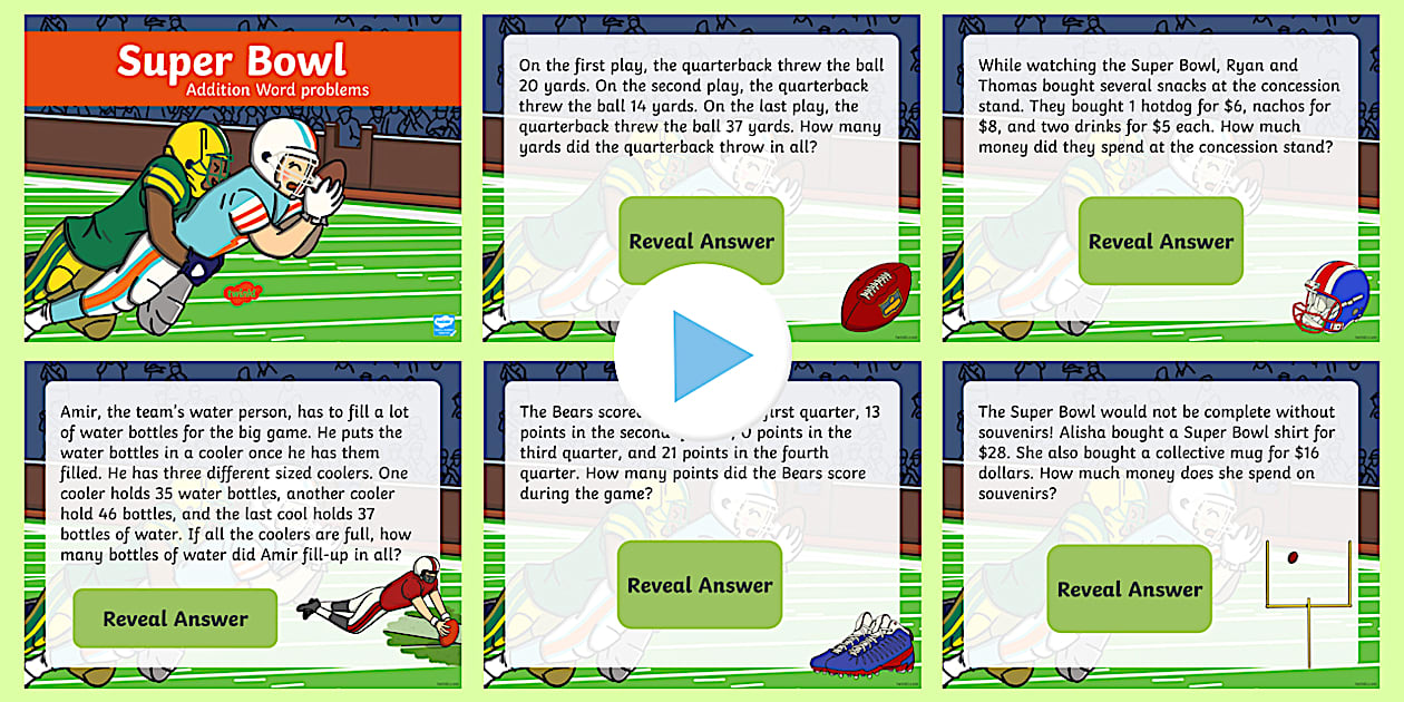 Super Bowl Addition Word Problems PowerPoint for 1st-2nd Grade