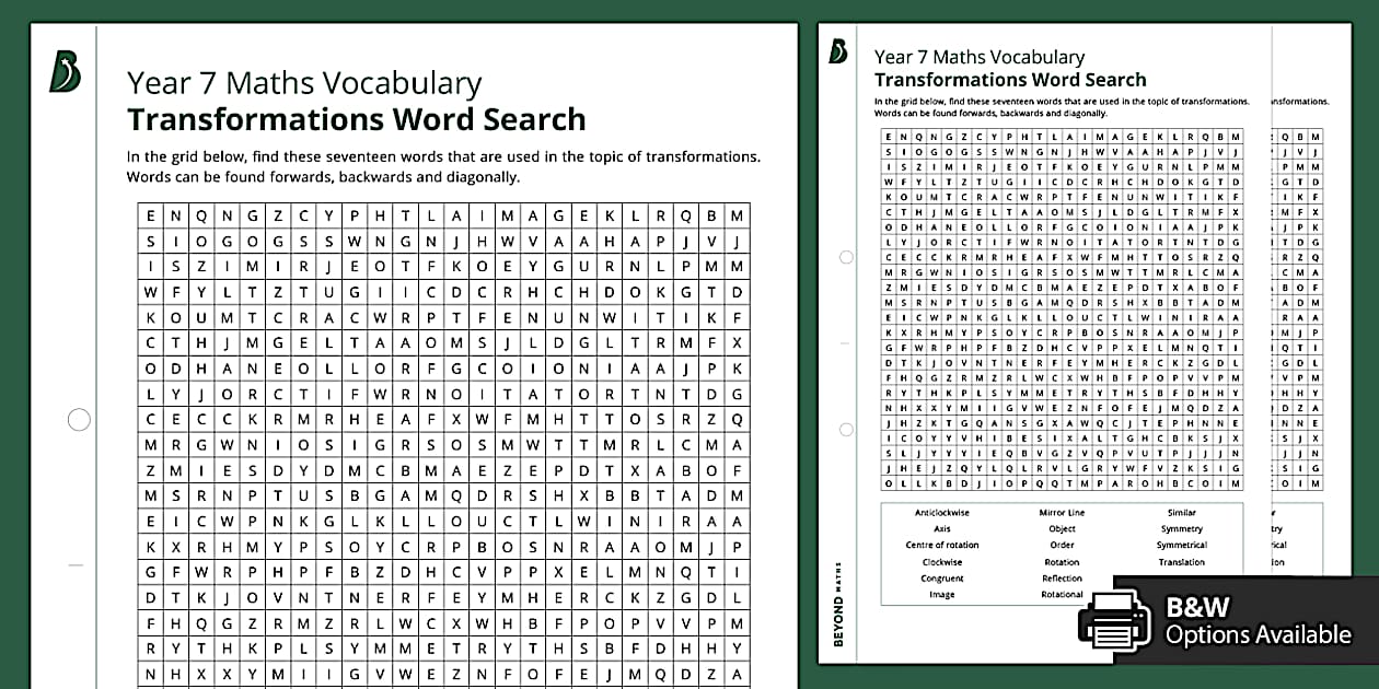 👉 Year 7 Maths Vocabulary – Transformations Word Search