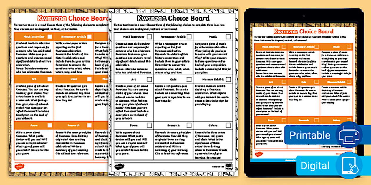 Kwanzaa Choice Board Activities for Kids | Twinkl USA