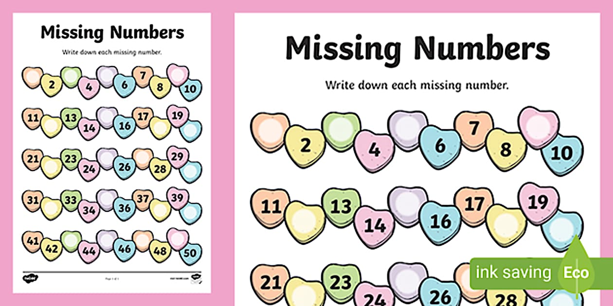 Black and White Valentine's Day Hearts Missing Number Worksheet
