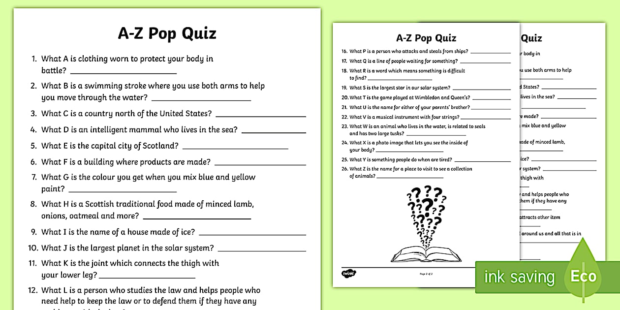 A-Z Question Pop Quiz for Kids – A-Z Words – CfE First Level