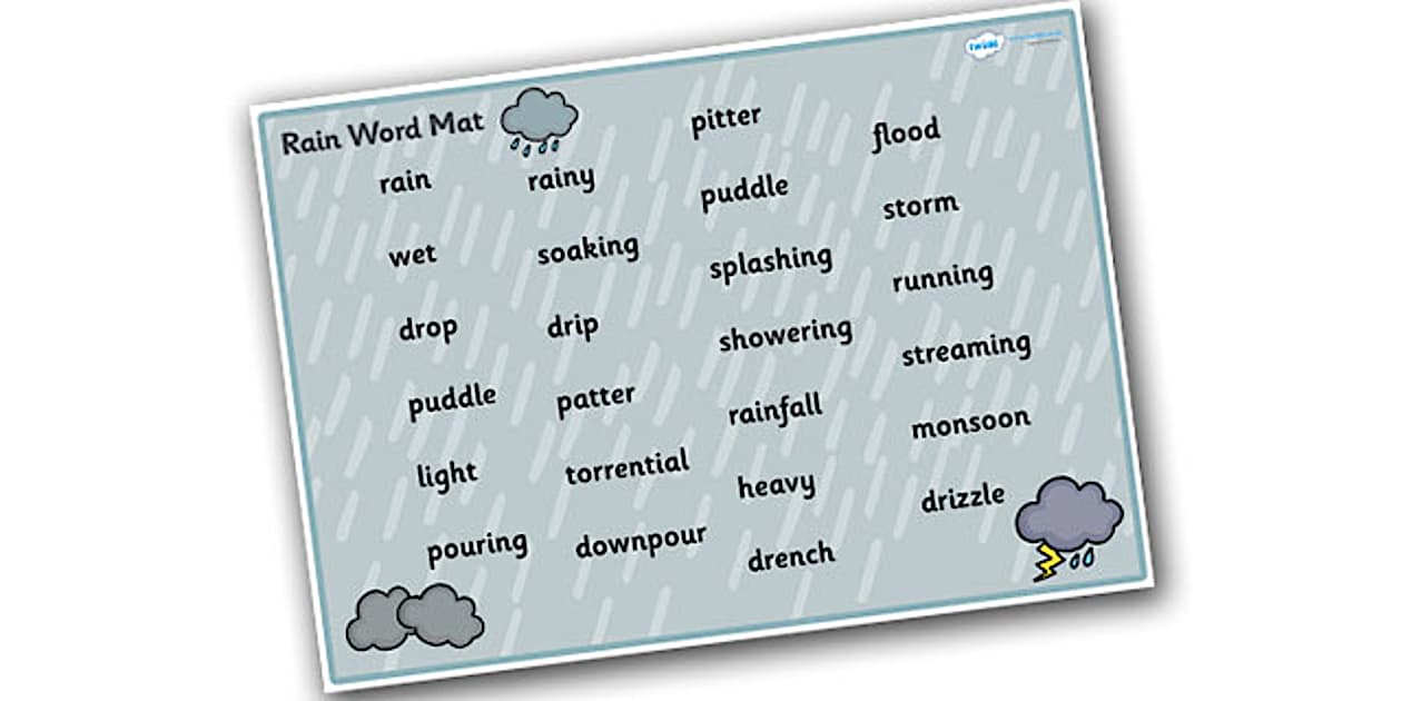 Weather and Seasons Rain Word Mat (teacher made) - Twinkl