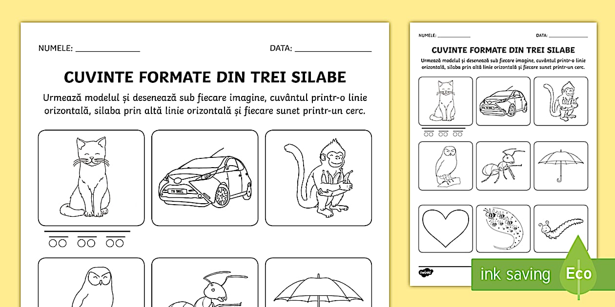 Cuvinte cu trei silabe - Fișă de lucru | Twinkl România