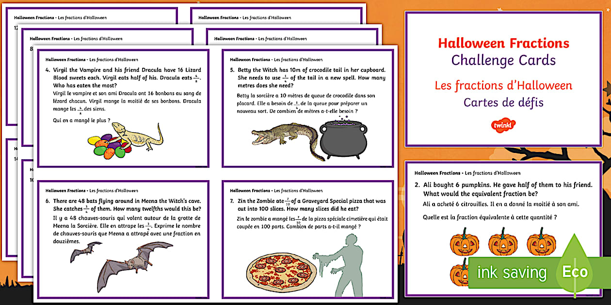 Halloween Fractions Challenge Cards English/French - Twinkl
