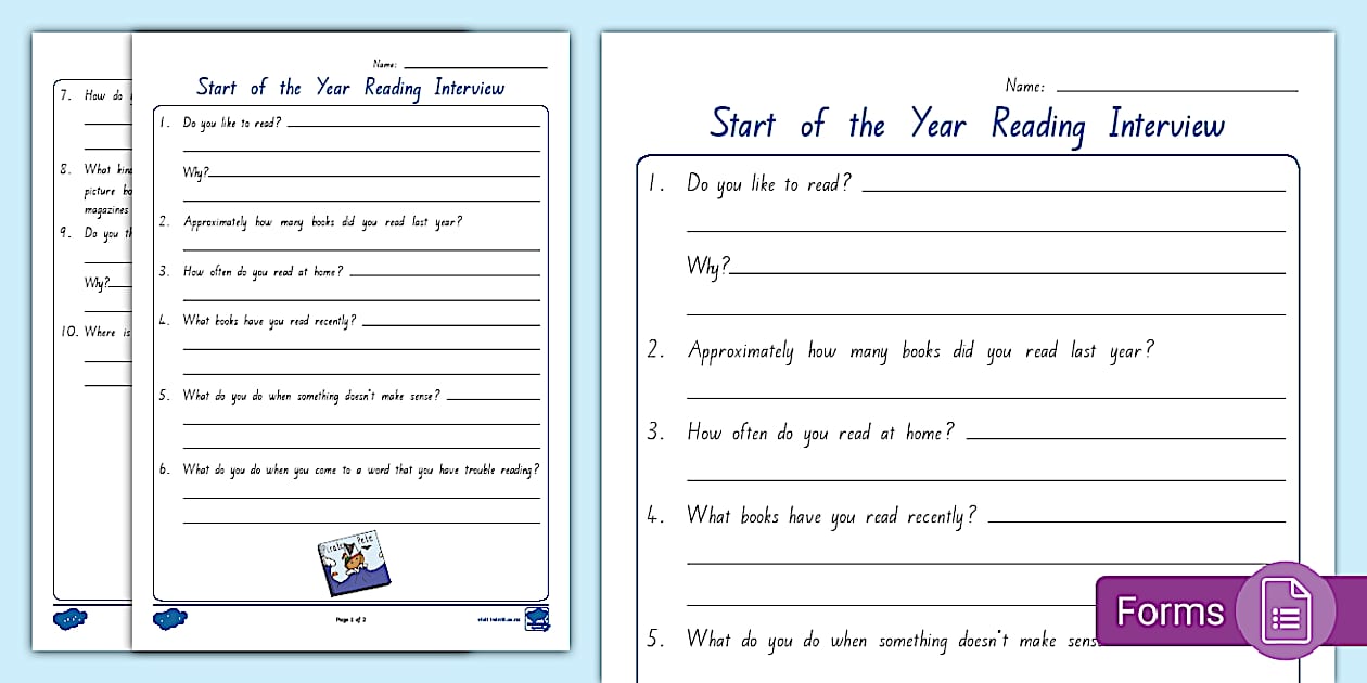 Editable Start of the Year Reading Questionnaire Activity