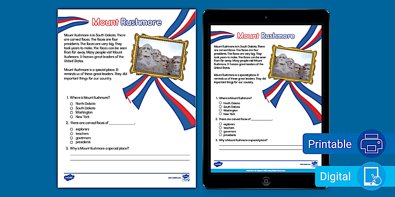 First Grade Mount Rushmore Reading Passage Comprehension