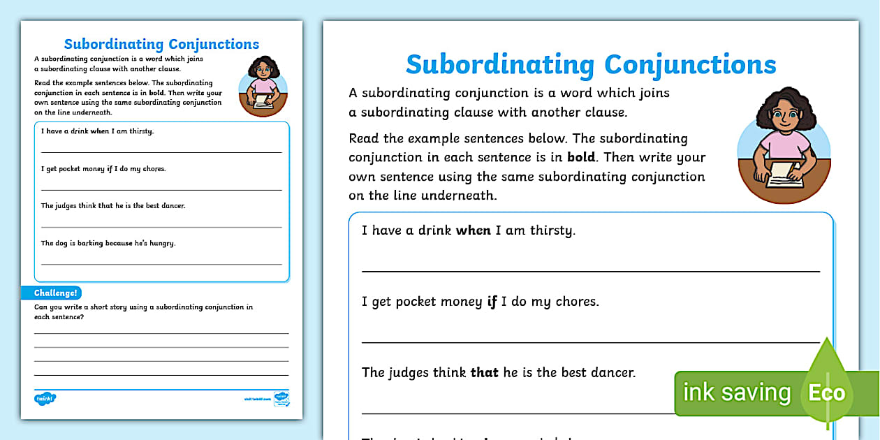 Subordinating Conjunctions Writing Activity Sheet - Twinkl