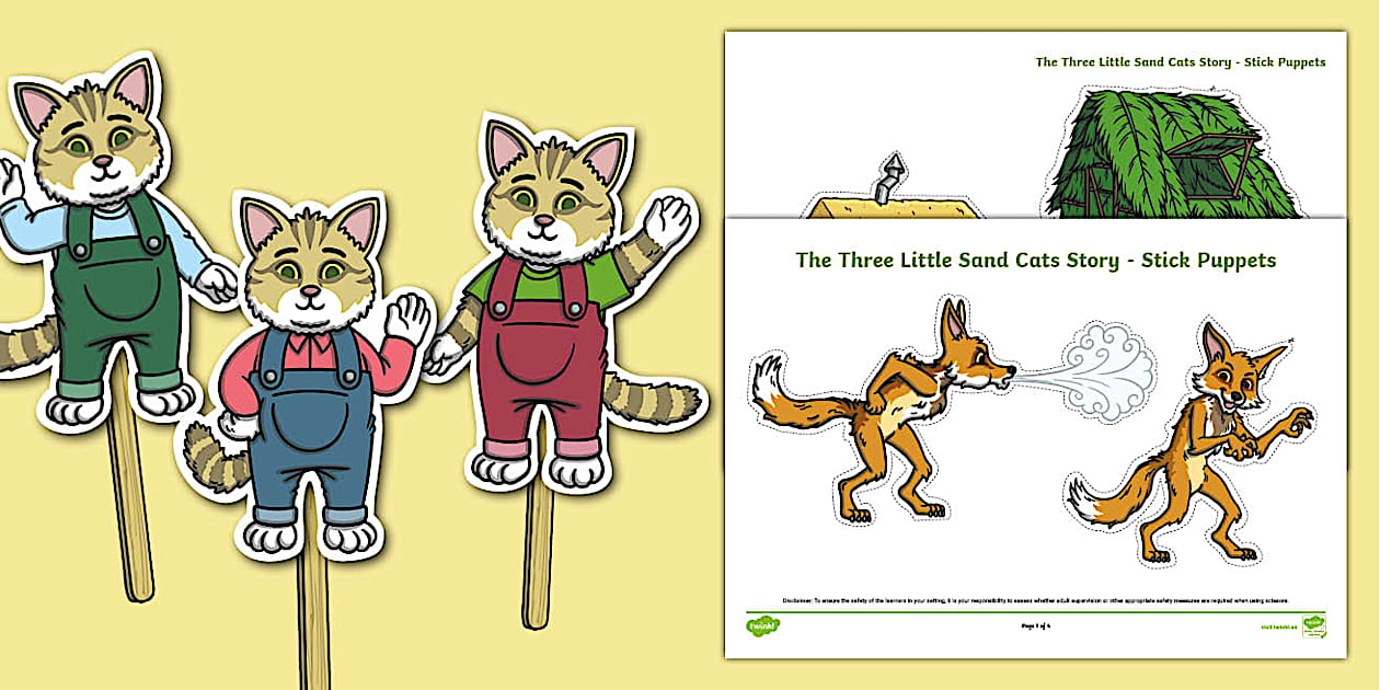 The Three Little Sand Cats Story Stick Puppets - Twinkl