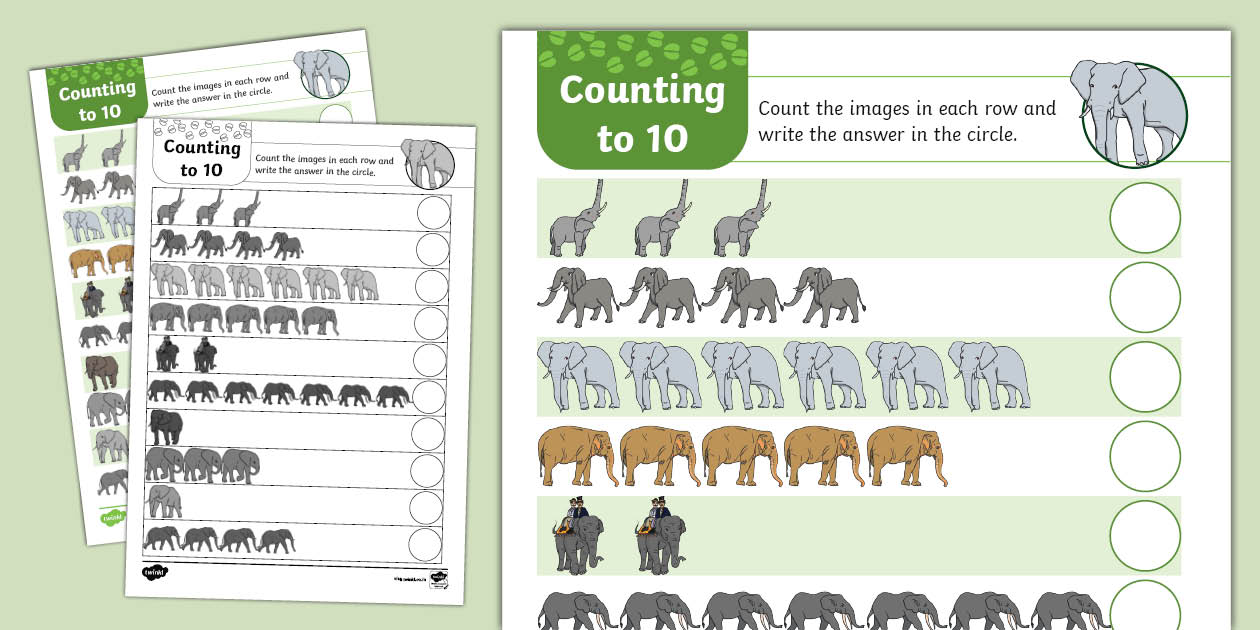 Elephant Counting to 10 Worksheet (teacher made) - Twinkl