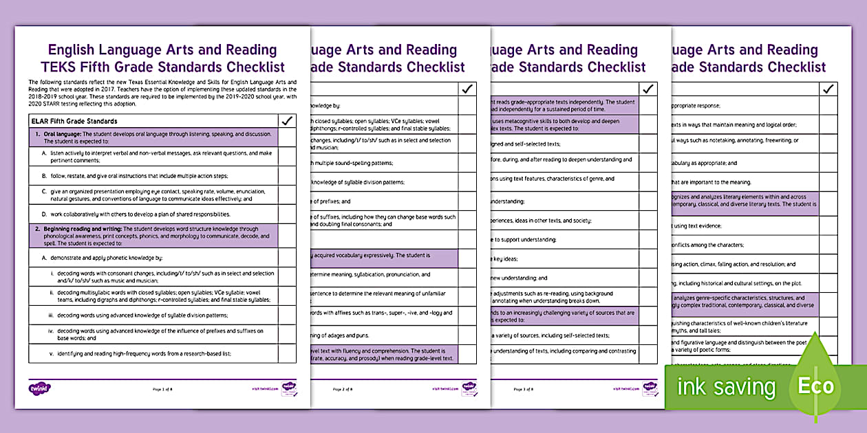 English Language Arts and Reading TEKS Fifth Grade Standards Checklist