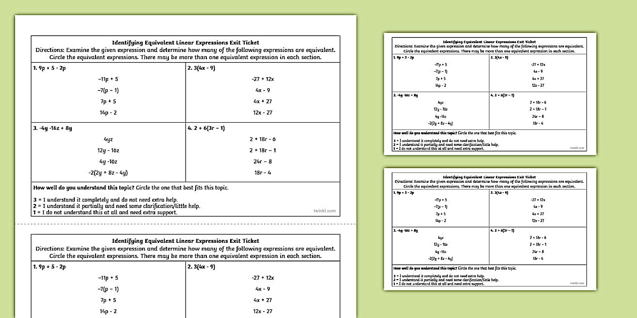 Seventh Grade Identifying Equivalent Linear Expressions Exit