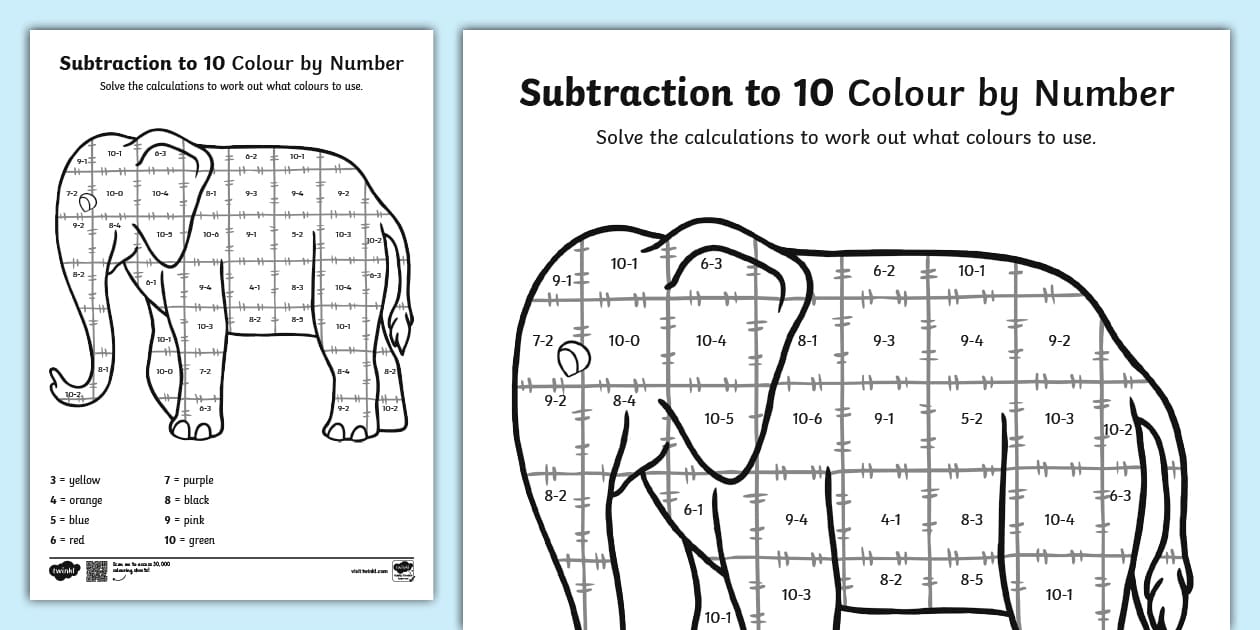 Subtraction From 10 Colour By Numbers Sheet to Support Teaching on Elmer