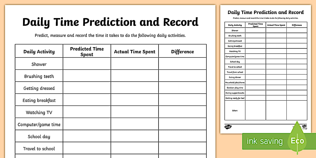 Daily Activities Time Prediction and Record Worksheet / Worksheet