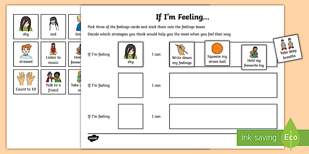 Feeling faces chart. Identify emotions and helpful actions