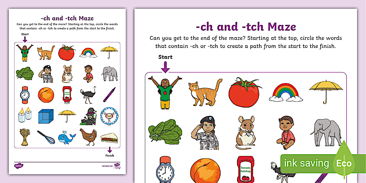 Words Containing -ch and -tch Maze (teacher made) - Twinkl